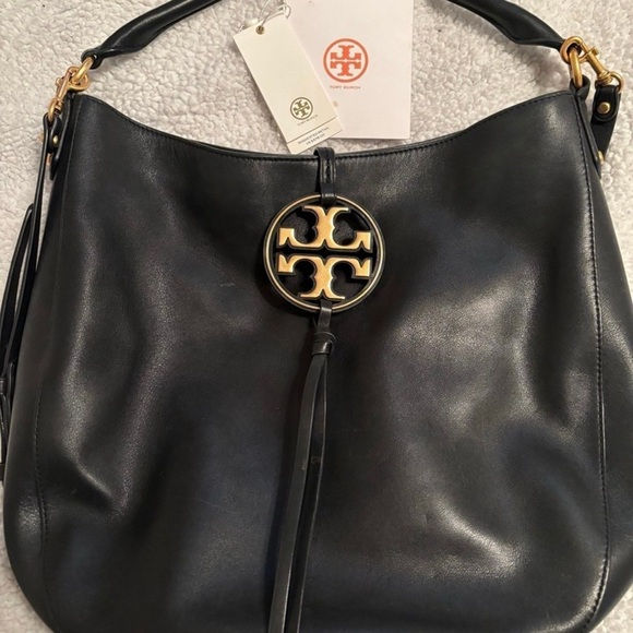 Tory Burch | Bags | Tory Burch Black And Gold Hobo Bag With Drawstring ...